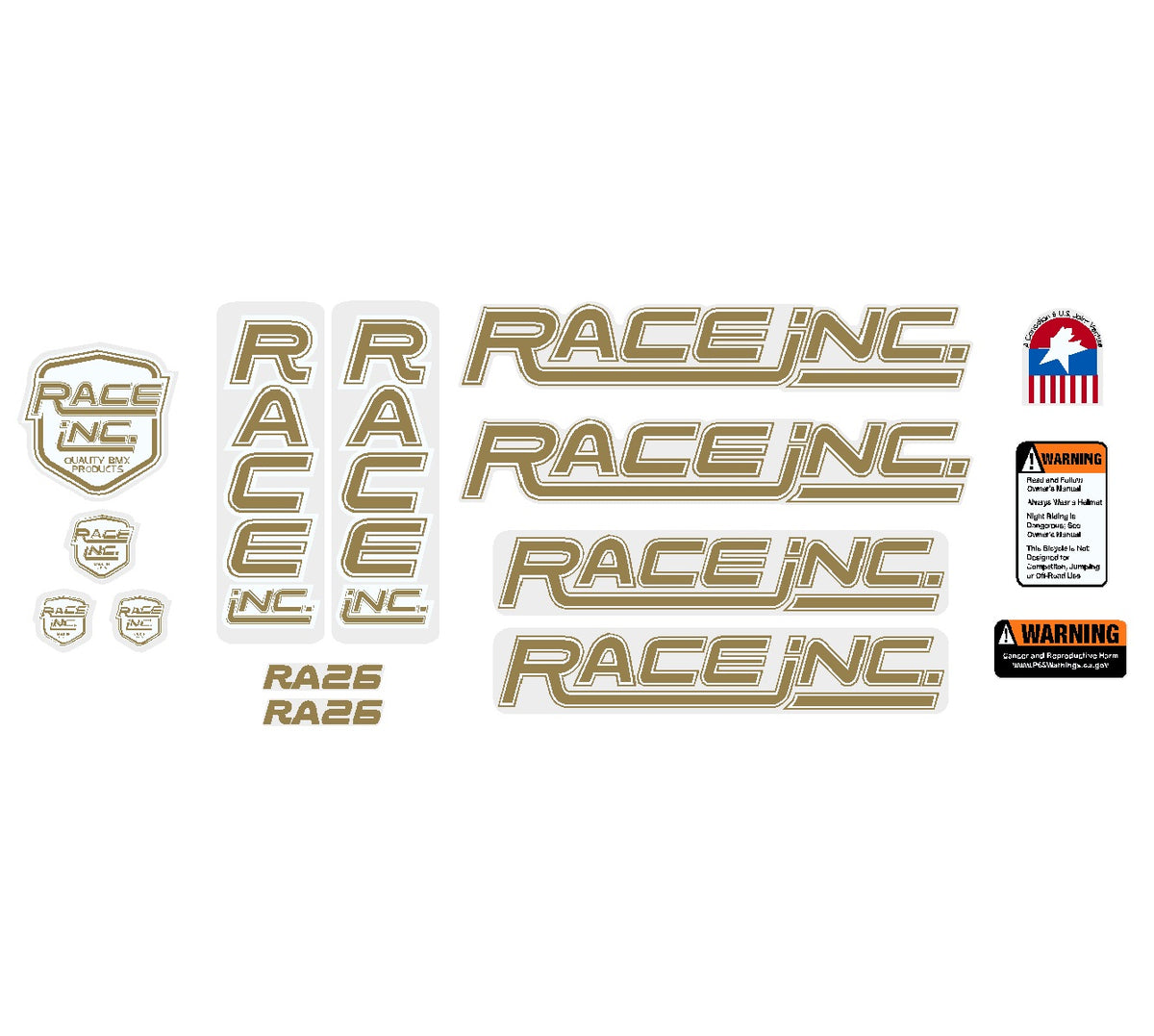 Race Inc RA26 decal set - new school - gold on clear | BMX Products USA