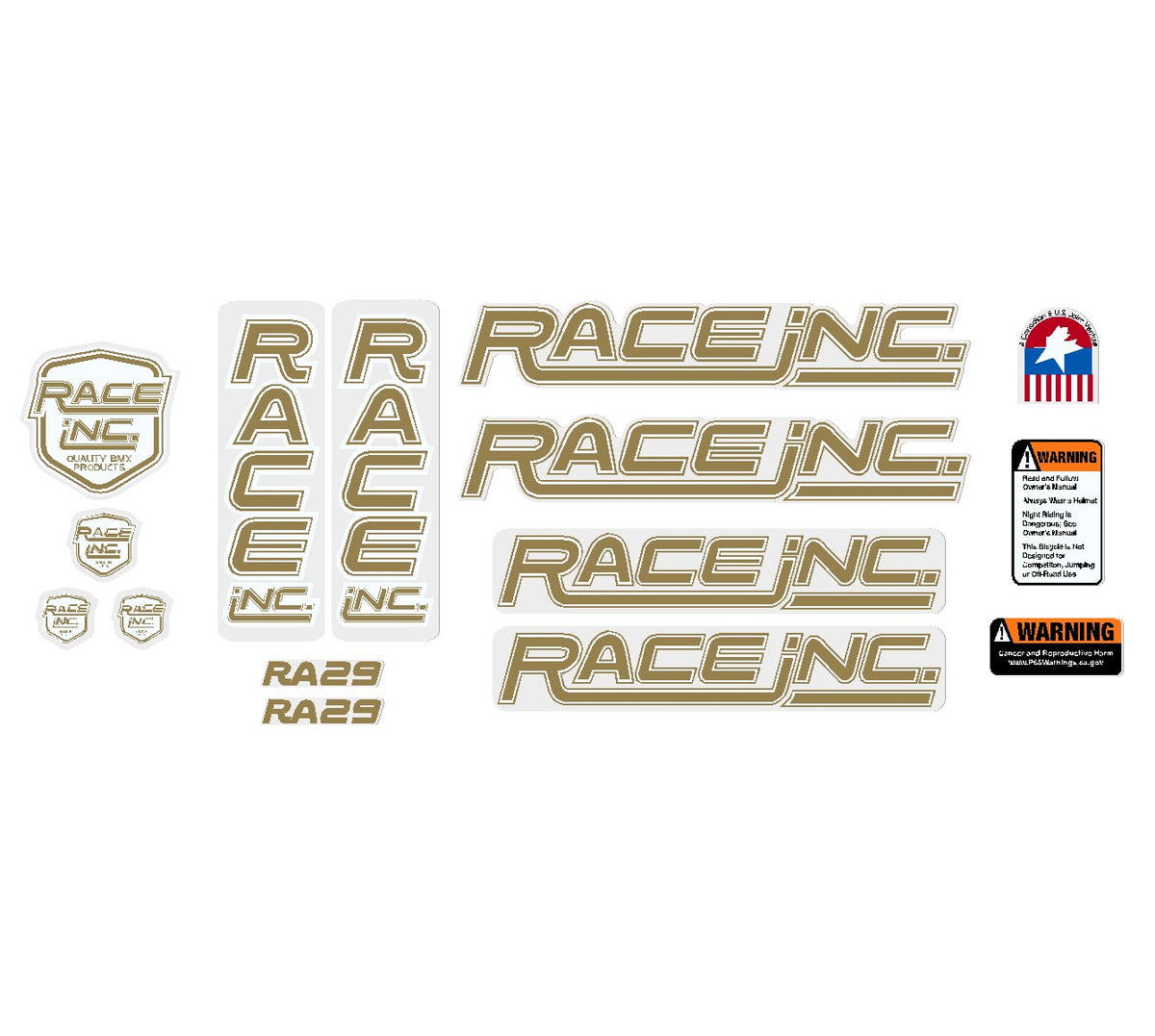 Race Inc RA29 decal set - new school - gold on clear | BMX Products USA