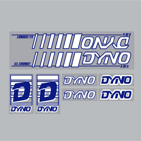 1985 DYNO - D30FS -blue & white on clear decal set | BMX Products USA
