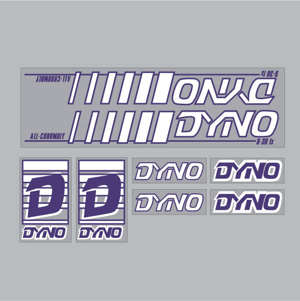 1985 DYNO - D30FS - Purple & white on clear decal set | BMX Products USA