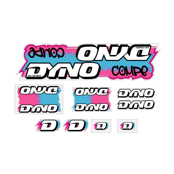 1988 DYNO - COMPE - Pink Blue on clear decal set | BMX Products USA