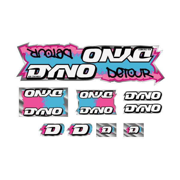 1988 DYNO - DETOUR - Blue Pink on chrome decal set | BMX Products USA