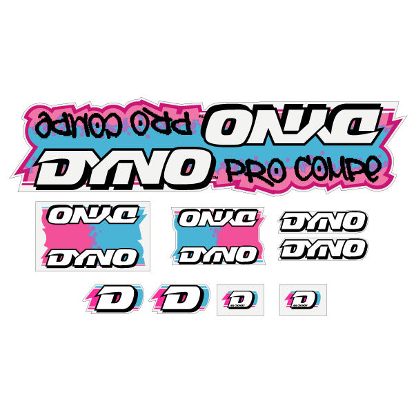 1988 DYNO - PRO COMPE - Pink Blue on clear decal set | BMX Products USA
